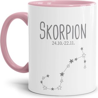 Tassendruck Tasse mit Sternzeichen Skorpion - Sternbild Kaffeetasse mit Spruch - Geschenk zum Geburtstag, Horoskop, Astronomie - Keramik Innen & Henkel Rosa, 300 