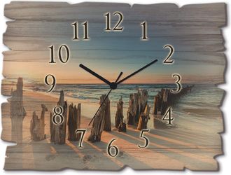 Artland Wanddeko Wanduhr ohne Tickgeräusche aus Holz Quarz Uhr lautlos 40x30 cm Rechteckig Strand Meer Ostsee Sonnenuntergang Küste Maritim U1UI