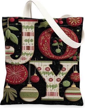 Generic Joyful Sacs fourre-tout en toile, motif ornements festifs, sacs d&eacute;picerie r&eacute;utilisables, rustiques, l&eacute;gers et lavables avec bandouli&egrave;re, noir, 13x15 I