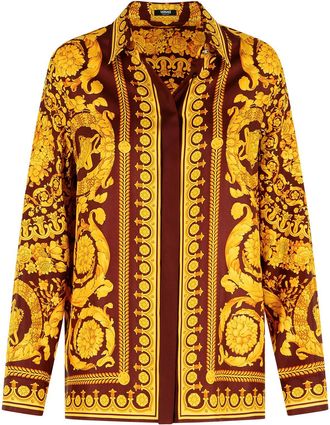 Versace Chemise en soie marron et dor&eacute;e Barocco