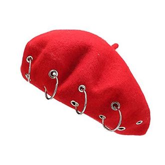 QWUVEDS Skieurs Mode Femmes Massif Fer Anneau Vintage Painter Chapeau Beret Chapeau B&eacute;ret Avec Perles, rouge, taille unique