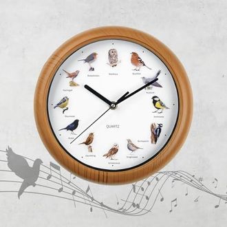 Easymaxx Horloge murale avec chant doiseaux, 12 chants doiseaux et motifs doiseaux réalistes, Arrêt automatique entre 21 et 5 heures, Cadre en bois (piles AA r