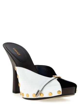 Versace Womens Sassi Clog Mule White Calfskin Leather Rubber Heels