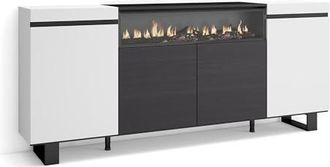 Skraut Home | Sideboard, Highboard | Kommode, Komodenschrank | 200x87x35cm | 4 T&uuml;ren | Elektrokamin. Ma&szlig;e | Industriedesign | Moderner Stil | Wei&szlig; und Schwarz