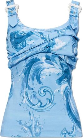 Versace Jeans Couture Femme, Tops, Bleu, Taille: 36 FR D&eacute;bardeur drap&eacute; en coton imprim&eacute;