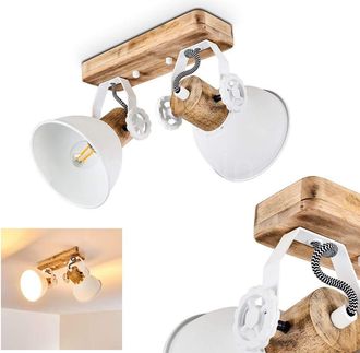 HOFSTEIN Deckenleuchte Orny, 2-flammig, mit verstellbaren Strahlern, Deckenlampe aus Metall/Holz in Weiß/Braun, 2 x E27-Fassung, Spot im Retro/Vintage Design, 