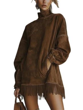 Generic Robe en daim confortable à col roulé avec ourlet à franges pour femme, mini robe vintage à manches longues pour lautomne, café, XXL