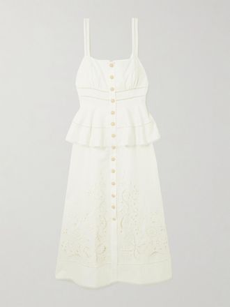 Self Portrait Robe Midi En Lin Et Coton Mélangés À Broderie Anglaise Et À Ornements - Blanc cassé