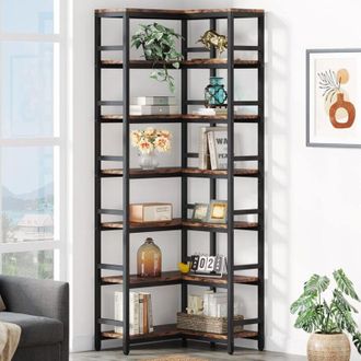 Tribesigns 7 Ebenen Eck-B&uuml;cherregal, 200cm hohes B&uuml;cherregal, industrielles gro&szlig;es Eckregal, Lagerregal, Aufbewahrungsregal mit Metallrahmen f&uuml;r Wohnzimmer