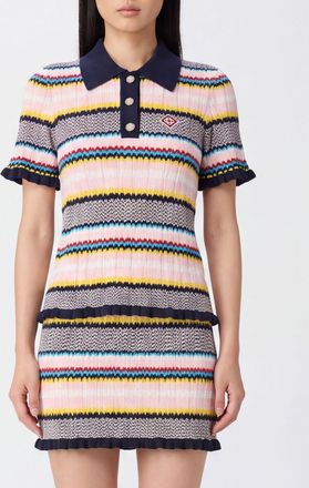 Casablanca Gestreiftes Strick-Poloshirt aus Viskose mit kurzen &Auml;rmeln und Rippkragen