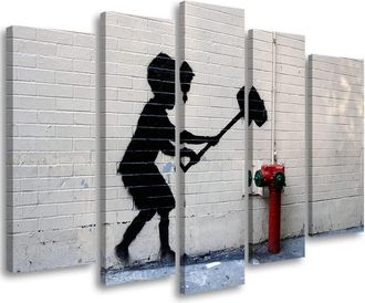 Feeby Bild auf Leinwand 150x100 cm Graffiti Banksy Straßenkunst 5-teilig modern Druckbild Wandbild Wanddekoration Aesthetic Junge mit Hammer Wandmalerei Gra