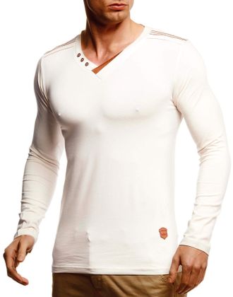 LEIF NELSON Herren Longsleeve V-Ausschnitt Slim Fit Baumwolle-Anteil Basic M&auml;nner Sweatshirt Pulli wei&szlig;es Langarmshirt V-Neck Pullover T-Shirt langarm LN5115T Bei