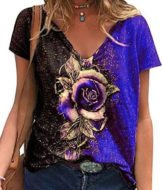 ORANDESIGNE T-Shirts à Manches Courtes Femme Chemise Tunique Top Chic Blouse Mode DéContractéE Tie-Dye Imprimé Col en V Pull Mince T-Shirt Top Haut Fines à La Pri