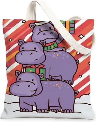 Generic Sacs fourre-tout en toile motif hippopotame de No&euml;l, adorables sacs d&eacute;picerie r&eacute;utilisables, l&eacute;gers et lavables avec bandouli&egrave;re pour Tr, violet, 13x1