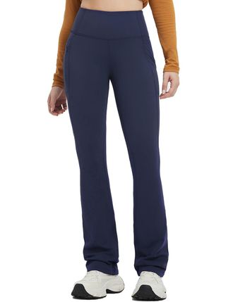 Baleaf Damen Thermo Flared Leggings mit Taschen High Waist Fleece gef&uuml;tterte Thermohose Thermal Leggings Bootcut Winter Warm Jogginghose Slim Fitness Blau XX