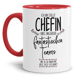Tassendruck Tasse mit Spruch - Lustige Tasse Chefin - Stolze Chefin eines fantastischen Teams - Geschenkidee f&uuml;r die Beste Chefin - Keramik, Innen & Henkel Rot, 3