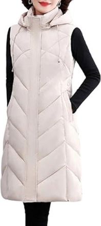 Generic Gilet long matelass&eacute; pour femme, &agrave; capuche, zipp&eacute;, sans manches, chaud, avec cordon de serrage &agrave; la taille, beige, taille 3XL