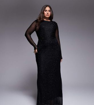 Jaded Rose Plus Robe longue pr&egrave;s du corps &agrave; strass thermocoll&eacute; et noeud - Noir-Bleu