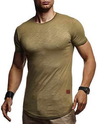 LEIF NELSON LN8331 T-shirt dété long à col rond pour homme, coupe ajustée en maille fine basique à manches courtes, blanc et noir, kaki, XXL