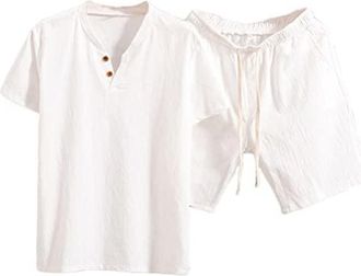 Onsoyours Tenue Ensemble Homme Lin De Couleur Unie T-Shirt à Manches Courtes Short à Taille éLastique Set DéContracté Pantalon Et T Shirt A Blanc L