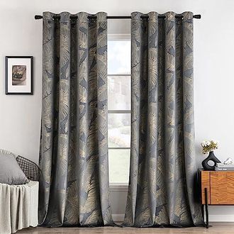 Miulee Rideaux en velours avec motif feuille dor, rideaux gris pour salon, 2 pi&egrave;ces, 140 x 225 cm, d&eacute;coration de rideaux pour maison int&eacute;rieure fen&ecirc;tre, ride