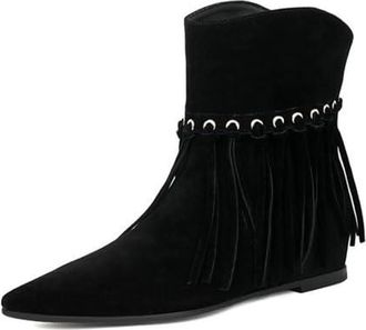 Generic Bottines plates &agrave; bout pointu pour femme avec franges d&eacute;coratives confortables et larges mollets vintage pour lhiver, Noir, 37.5 EU