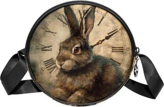 Generic Sac &agrave; bandouli&egrave;re rond pour femme, motif lapin vintage, sac &agrave; dos &agrave; bandouli&egrave;re avec fermeture &eacute;clair, bretelles r&eacute;glables, sac &agrave; main rond d&eacute;contract