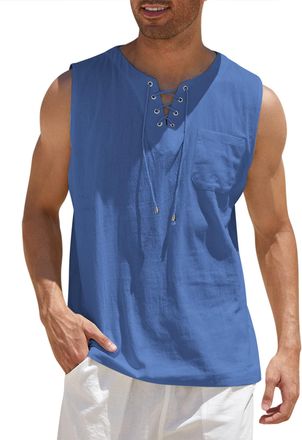 Coofandy Tank Top Herren Baumwolle Ärmelloses Shirt für Männer Sommer Beach Henley Casual Hippie Strand Hemd Oversize Royalblau XXL