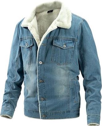 Generic Veste en jean doubl&eacute;e polaire pour homme, manches longues, chaude, style camionneur, style cowboy, bleu clair, taille XX-Large