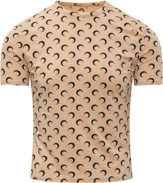 Marine Serre Homme, Tops, Beige, Taille: M Moon Jersey Short Sleeve T-Shirt