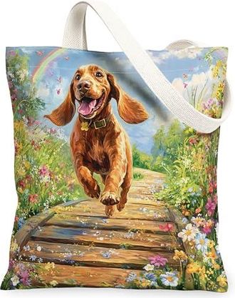 Generic Sac fourre-tout en toile motif chien l&eacute;vrier printanier 33 x 38,1 cm, sac d&eacute;picerie r&eacute;utilisable pour femme, motif floral, plage, esth&eacute;tique, peinture