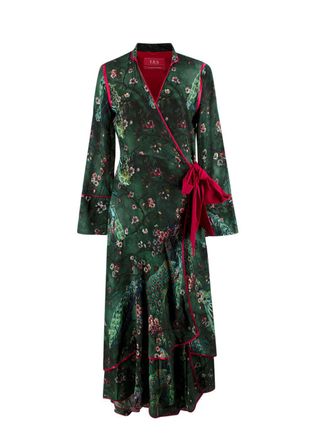 F.R.S. For Restless Sleepers F.R.S Dark Green Botanical Printed Satin Robe Dress Size S