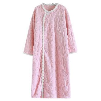 Generic Peignoir Long en Polaire pour Femmes, Robe de Chambre en Coton de Longueur Compl&egrave;te pour Femmes, Robe de Nuit en Texture Fleurie en Peluche Douce et C