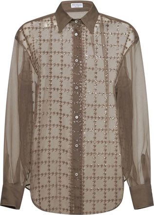 Brunello Cucinelli Pailletten-Seidenhemd mit Knopfleiste - - Blouses & Shirts - Damen - Braun - L