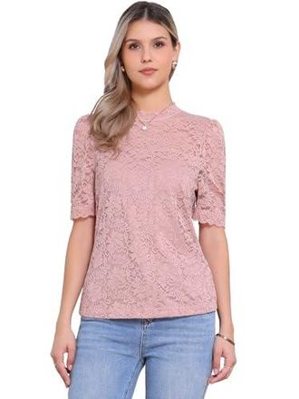 Allegra K Haut en Dentelle Florale Femmes Col Montant Manches Courtes Bouffantes Demi-Transparentes Chemisier &Eacute;l&eacute;gant T-Shirt Rose fonc&eacute; XS