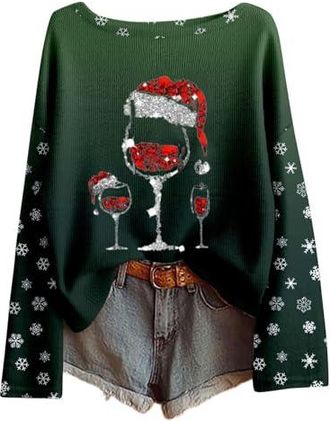 Generic Pull de Noël pour femme 2025 - Pull amusant - Pull décontracté - Sweat à manches longues - Pull dautomne surdimensionné, Sweat-shirt vert pour femme, 
