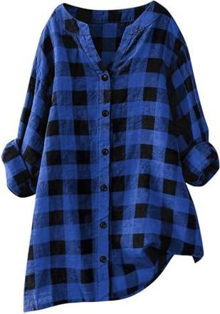 Generic Chemisier long &agrave; carreaux pour femme - Tunique longue - Grandes tailles - Col en V - Boutonn&eacute; - Confortable - D&eacute;contract&eacute; - Manches longues - Chemise 