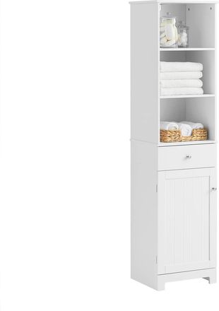 SoBuy Badezimmerschrank Badezimmer Hochschrank Schmal Badezimmermöbel mit 3 Regalfächern, 1 Schublade und 2 Türfächern 40x161x35 cm BZR17-W
