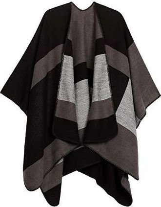 Sakkas 1930 - Couverture Cape Ruana pour Femme avec Large Poncho réversible et écharpe Mari - StripeNoirGris - OS