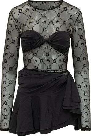 Marine Serre Femme, Robes, Noir, Taille: 42 FR Moonogram Mesh Flock LS Mini Crewneck Dress