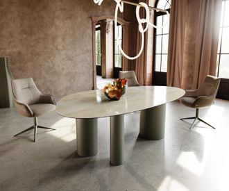 DELIFE Esstisch Edge Oval 220x120 Keramik Iris FMG Onice Oro Troa Metall Effektfinish Titan, Esstische