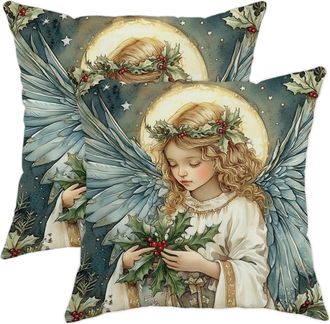 Generic Weihnachtsengel Dekokissen Modern Dekokissenbezug Mit Rei&szlig;verschluss Sofakissen F&uuml;r B&uuml;ro Bett Sofa 45X45Cm 2Er Set