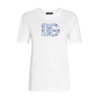 Dolce & Gabbana Femme, Tops, Blanc, Taille: 38 FR T-shirt en jersey avec &eacute;cusson imprim&eacute; DG