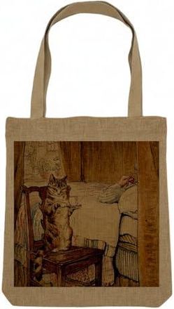 Fabulous Sac Shopping Tote Bag Aspect Lin - Chat Tasse de The Illustration Enfant Beatrice Potter - Sac de Courses Toile Epaisse 360g Beige Naturel Cabas Port&eacute;