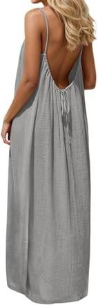 Generic Robe caraco dos nu pour femme, robe d&eacute;t&eacute; longue avec noeud dans le dos, robe d&eacute;t&eacute; ample et fluide sans manches, v&ecirc;tements de vacances &agrave; la plage, gris