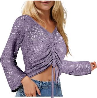 Generic Robes boh&egrave;me 2026 pour femmes, haut court transparent &agrave; &eacute;paules d&eacute;nud&eacute;es avec manches et pull &agrave; volants, violet, XL
