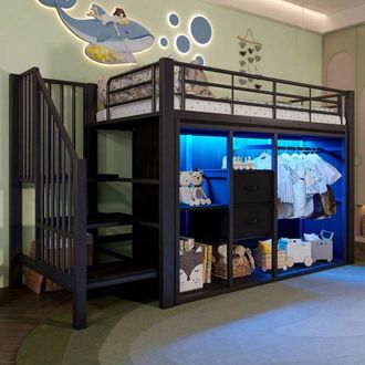 Generic Hochbett 90x200 cm in Schwarz - Mit LED-Beleuchtung, 2 Schubladen & offenem Kleiderschrank - Viel Stauraum, ohne Matratze