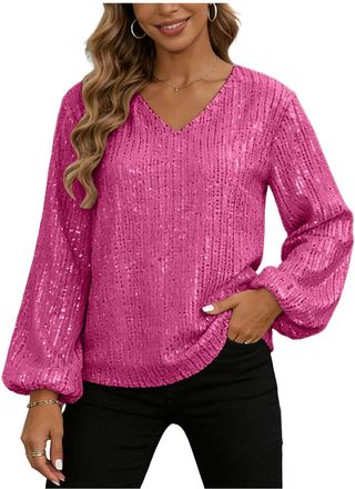 Generic festliches Oberteil Damen Glitzer Oberteile Damen Rundhals Lang&auml;rmelige Pailletten Oberteil Damen Party Outfit Festliche Tops T-Shirt Bluse f&uuml;r Party 