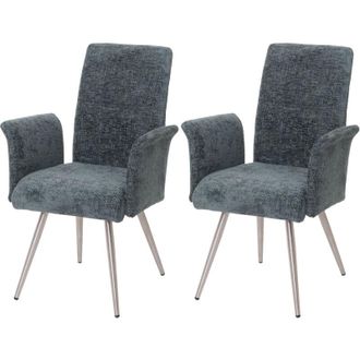 Hhg 2er-Set Esszimmerstuhl HHG-219, K&uuml;chenstuhl Stuhl mit Armlehne, Edelstahl geb&uuml;rstet Stoff/Textil Chenille &Ouml;ko-Tex blau-gr&uuml;n