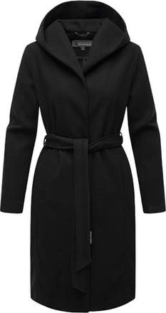 Marikoo Kailii Manteau de transition long pour femme - Trench l&eacute;ger aspect laine avec ceinture et capuche - 16 XS &agrave; 3XL, Noir, L